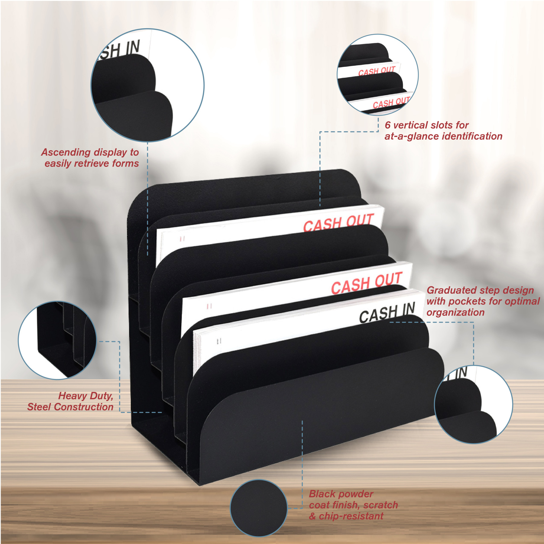 SteelMaster™ Cashier Pad Rack - 6 Slots - Black Steel Organizer